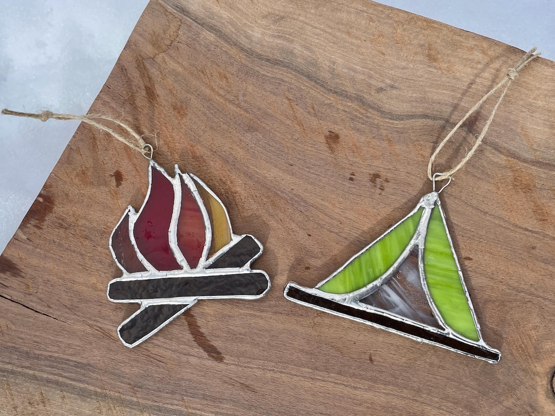 Camping Set! Stained Glass Camp Tent Campfire Art Glass Set Sun Catcher ...
