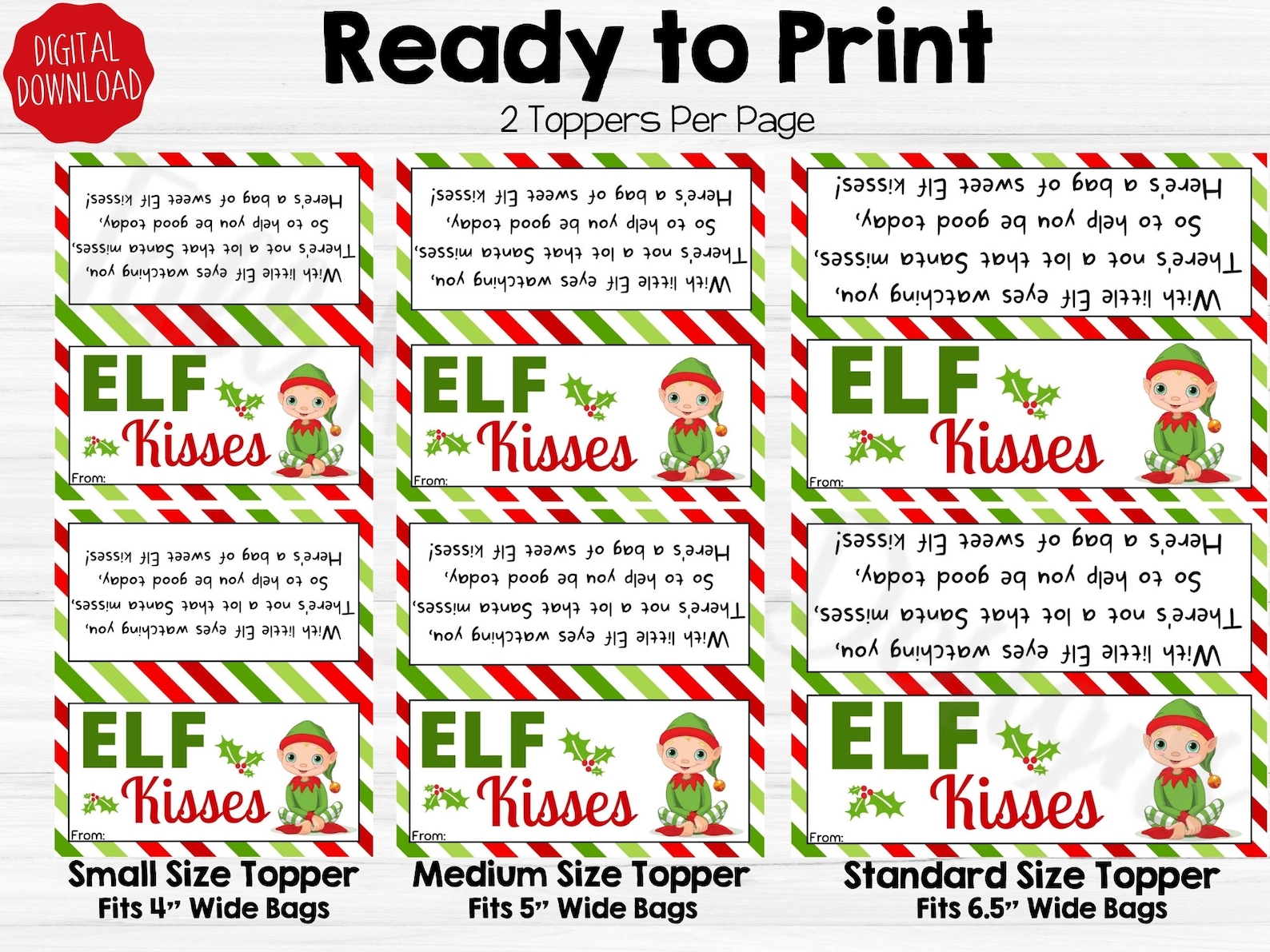 ELF Kisses Treat Bag Christmas Toppers Printable Christmas - Etsy