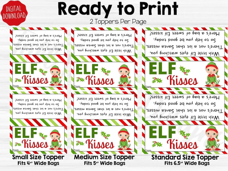 ELF Kisses Treat Bag Christmas Toppers Printable Christmas - Etsy