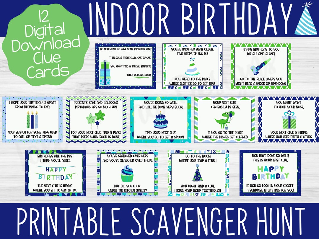 Indoor Birthday Scavenger Hunt Clues, Printable Scavenger Hunt, Indoor ...