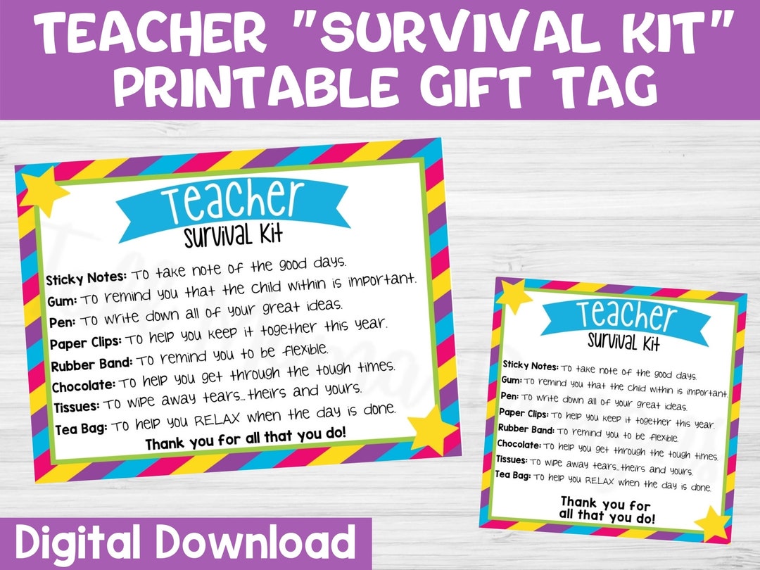 Teacher Survival Kit Printable Gift Tag, First Day of School Gift Tag ...