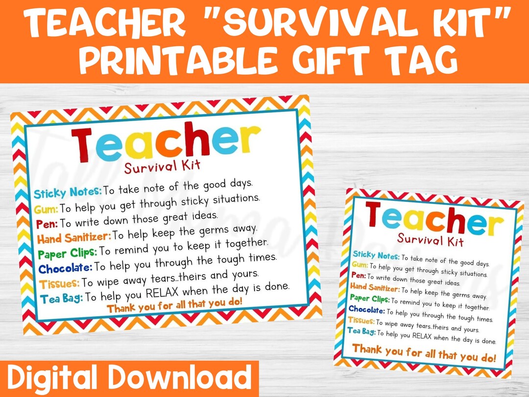Teacher Survival Kit Printable Gift Tag, Teacher Gift Tag, First Day of ...