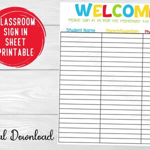 Classroom Sign in Sheet Printable, Classroom Open House Sign in Sheet ...