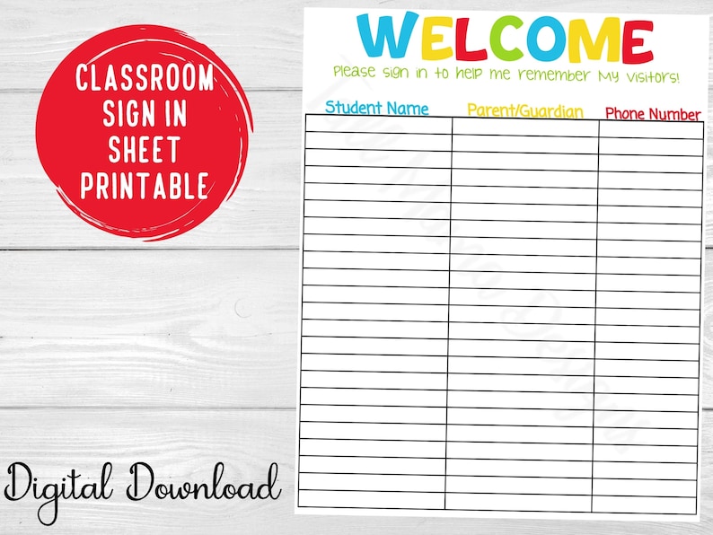 Classroom Sign in Sheet Printable, Classroom Open House Sign in Sheet ...