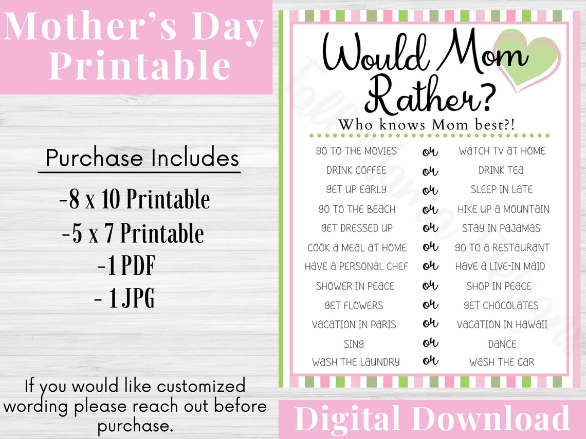 Would Mom Rather Printable, Mother's Day Activity, Mother's Day Game ...