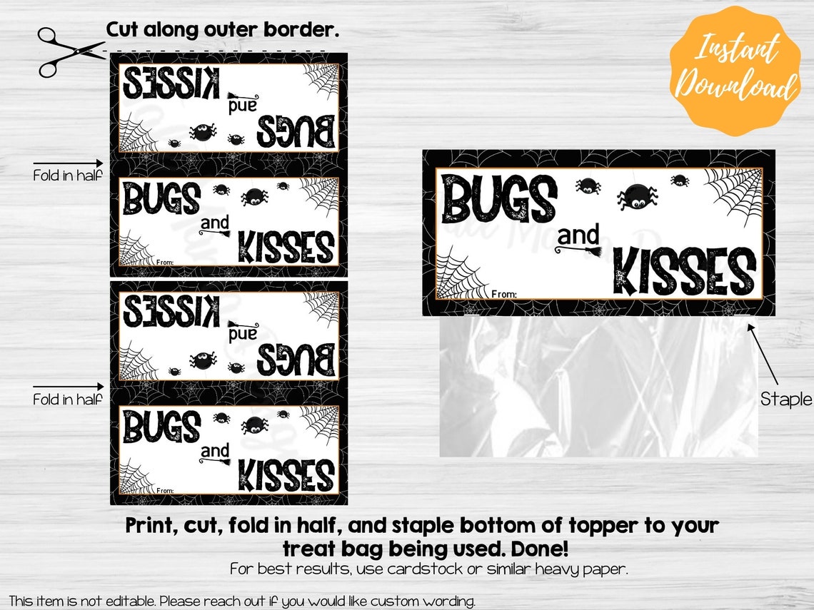 Bugs and Kisses Treat Bag Topper, Halloween Treat Bag Topper, Printable ...