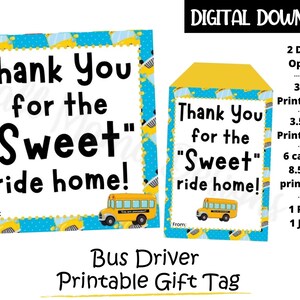Thank You for the Sweet Ride Home Printable Gift Tag, Gift Tag for Bus ...
