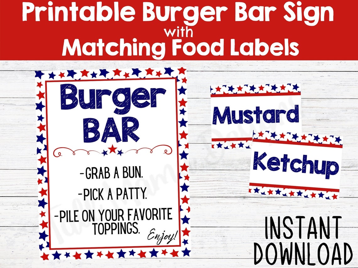 Burger Bar Sign Printableburger Bar Food Labels Fourth of - Etsy