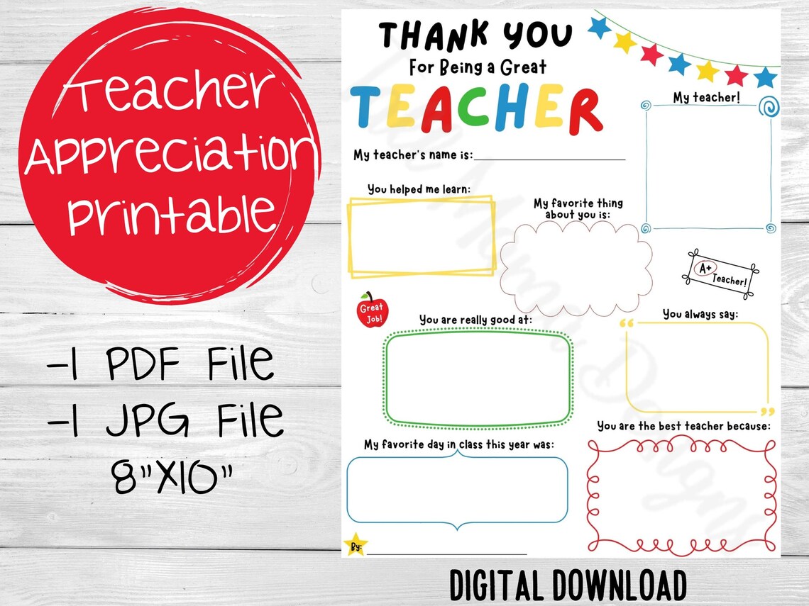 Teacher Appreciation Printable, Thank You Teacher Printable, Classroom ...