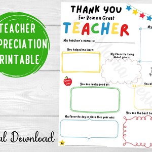 Teacher Appreciation Printable, Thank You Teacher Printable, Classroom ...