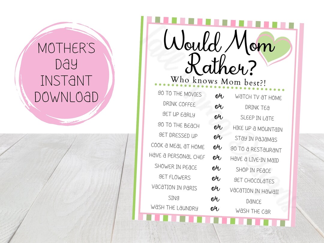 Would Mom Rather Printable, Mother's Day Activity, Mother's Day Game ...