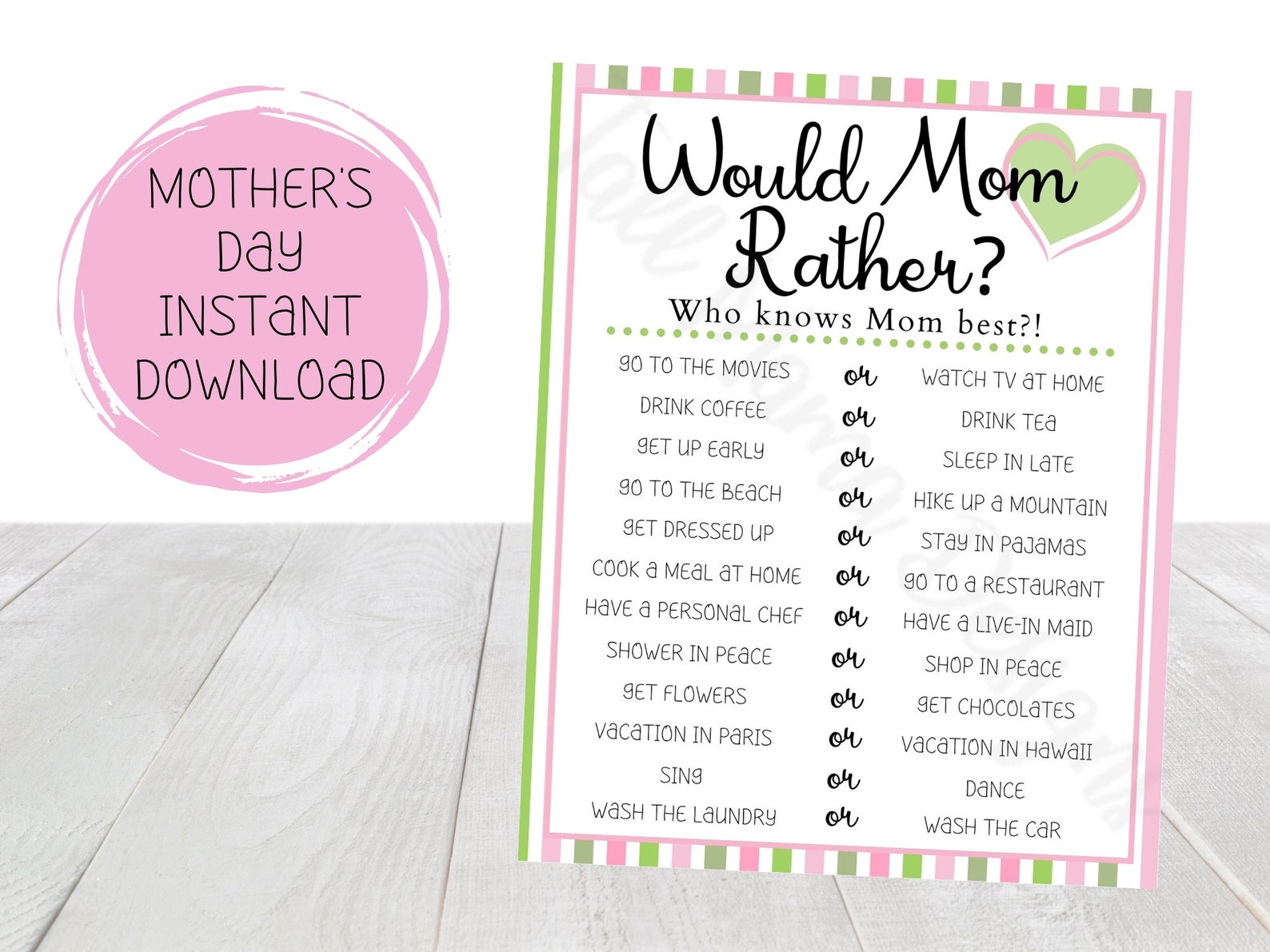 Would Mom Rather Printable Mother's Day Activity - Etsy 日本