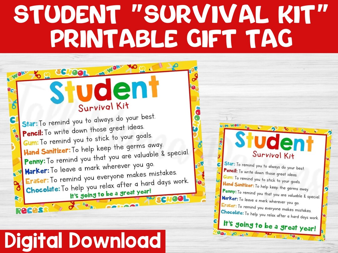 Student Survival Kit Printable Gift Tag, First Day of School Gift Tag ...