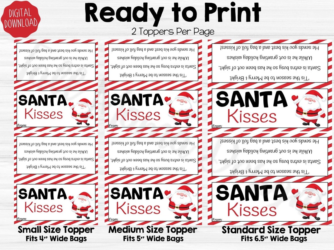 Santa Kisses Treat Bag Christmas Toppers Printable Christmas - Etsy