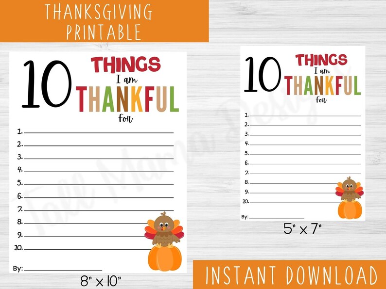 10 Things I Am Thankful for Printable, Thanksgiving Digital Download ...