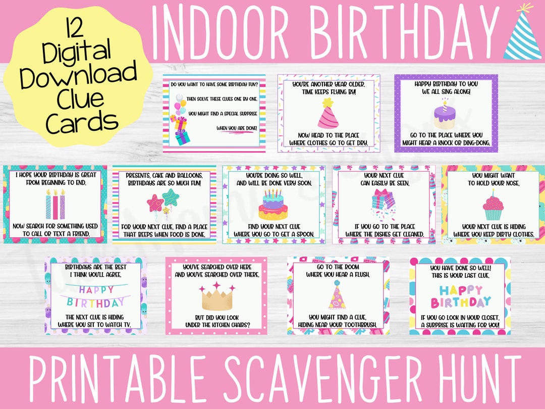 Indoor Birthday Scavenger Hunt Clues, Printable Scavenger Hunt, Indoor ...