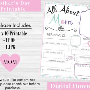 All About Mom Printable, Mother's Day Printable, Kid's Activity for Mom ...