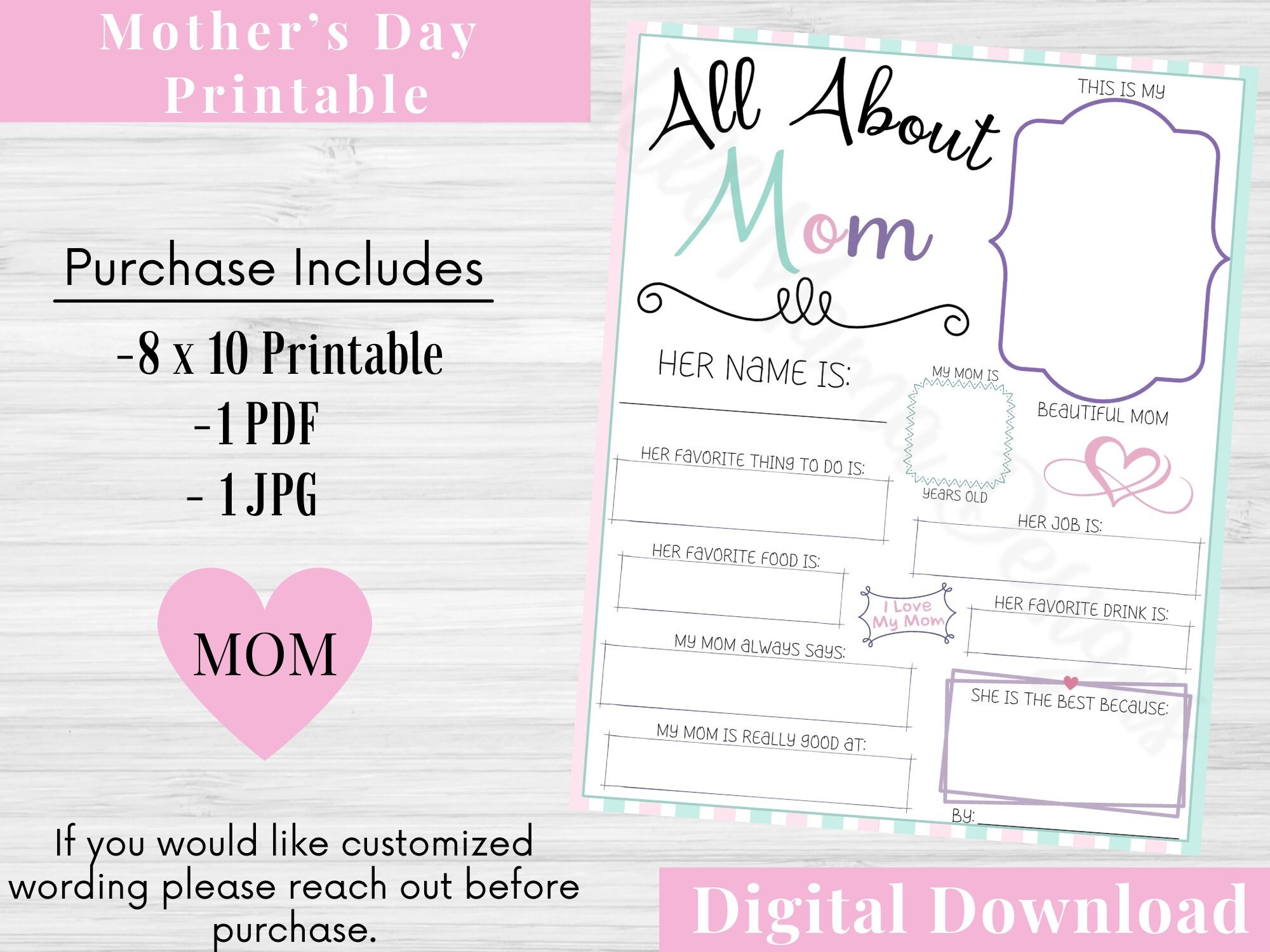 All About Mom Printable Mother's Day Printable Kid's | Etsy