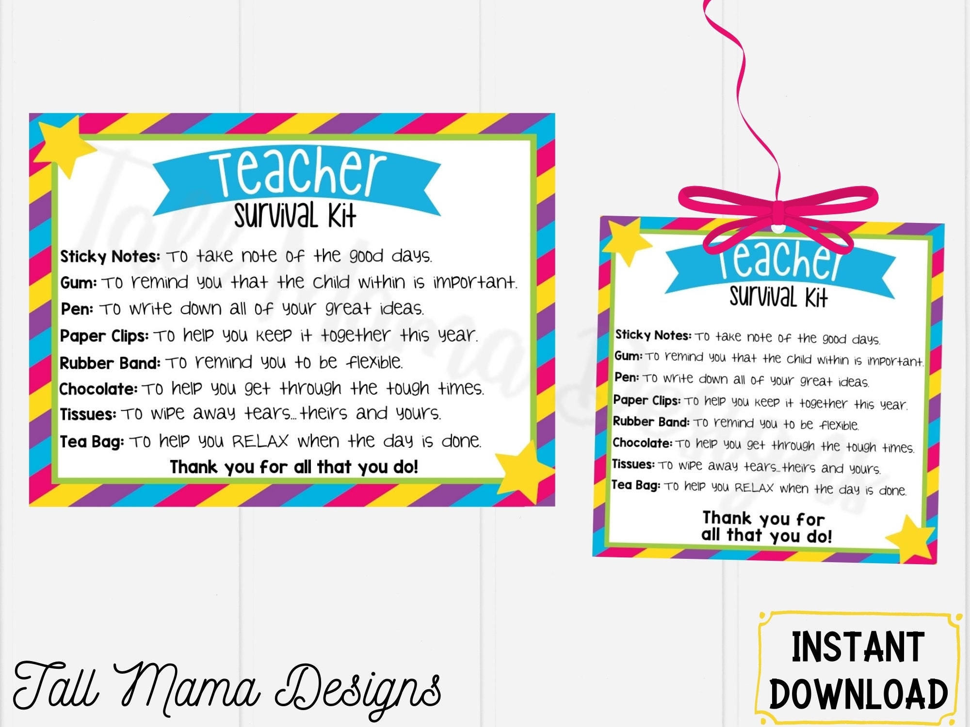 Teacher Survival Kit Printable Gift Tag First Day of School - Etsy