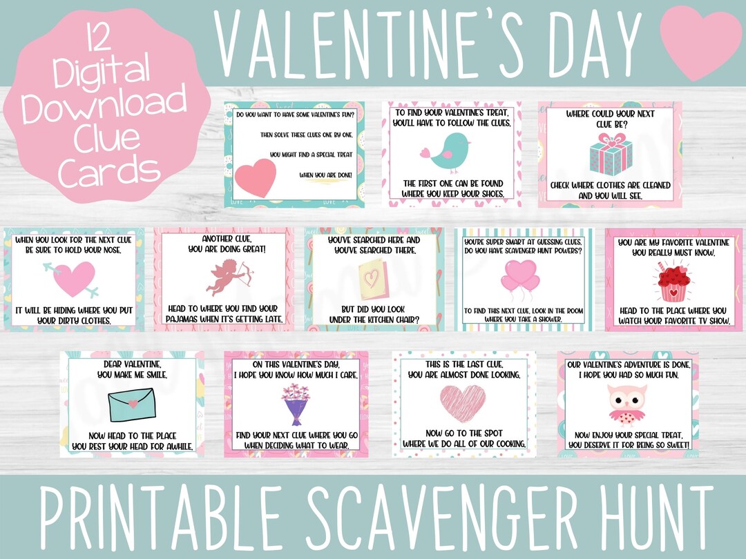 Valentine's Day Scavenger Hunt, Printable Scavenger Hunt Clue Cards ...