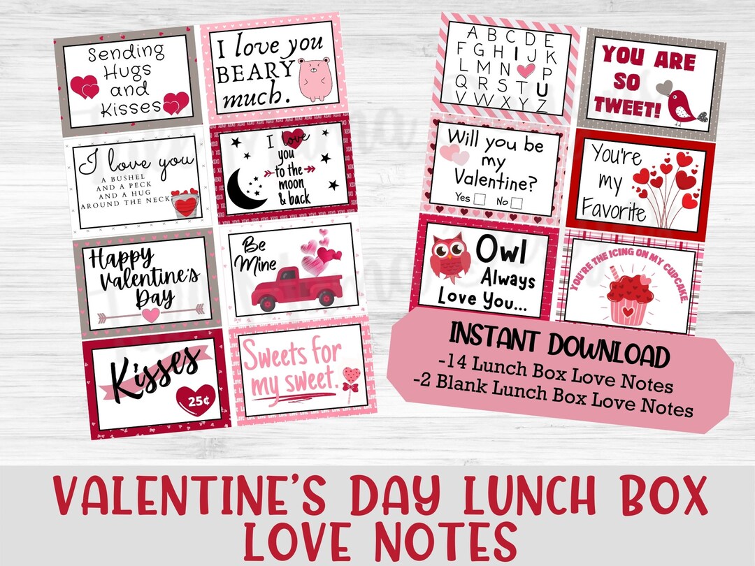 Valentine's Day Lunch Box Printable Love Notes, Kid's Valentine's Love ...