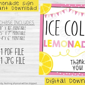 Ice Cold Lemonade Printable Sign, Lemonade Stand Printable, Lemonade ...