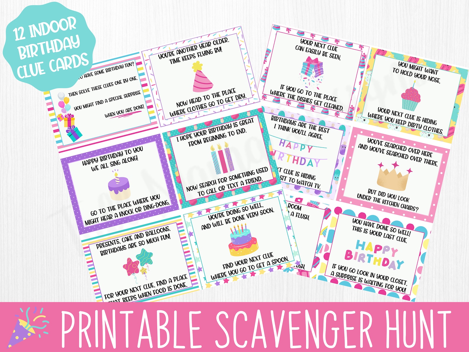 Indoor Birthday Scavenger Hunt Clues, Printable Scavenger Hunt, Indoor ...