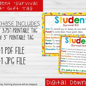 Student Survival Kit Printable Gift Tag, First Day of School Gift Tag ...