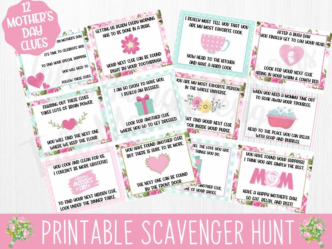 Mother's Day Printable Scavenger Hunt, Mother's Day Clue Cards, Digital ...