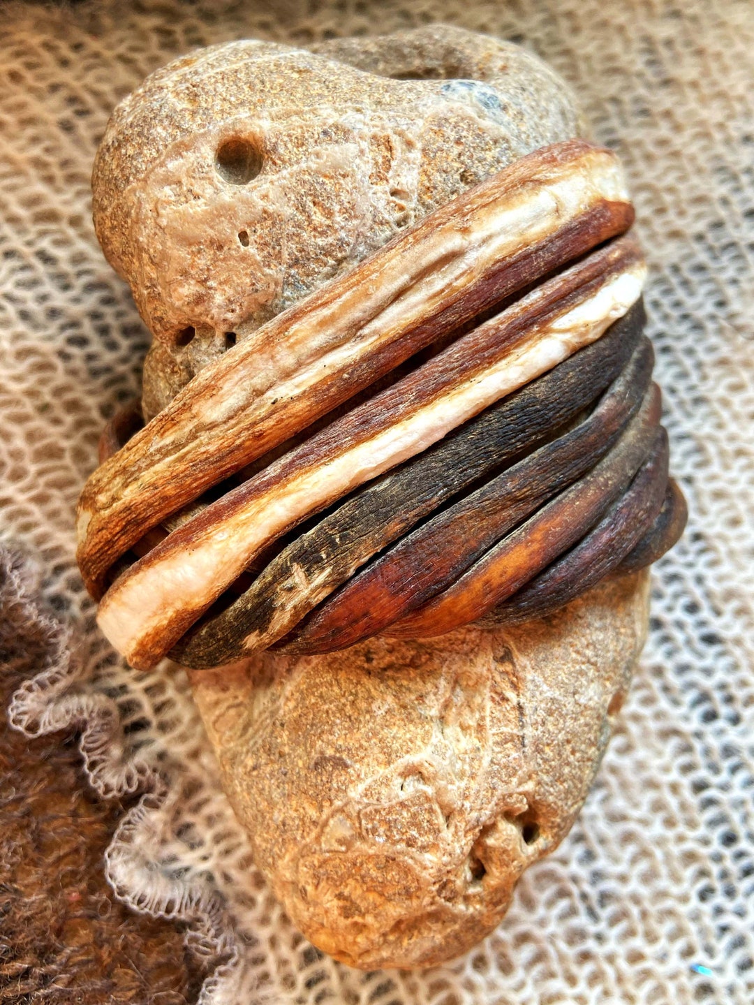 Tooth Stone - M, Zen Rock Wrap, Meditation Stone, Kelp Fiber Wrapped ...