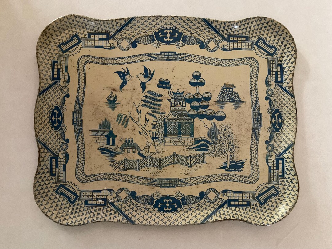 Ohio Art Litho Tin Child's Tray BLUE WILLOW 10" X 8" / 4 Plates 4 1/4 ...