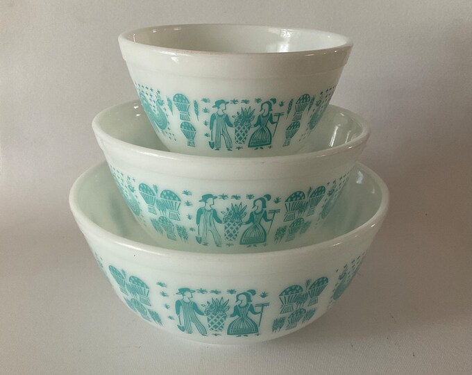 Set of 3 Pyrex Bowls AMISH BUTTERPRINT Turquoise Aqua Vintage Glass 401 ...