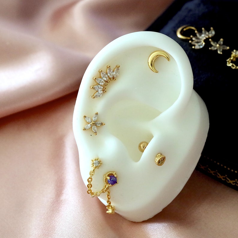 18K Gold Marquise Stud Set Paved Studs Tragus Earrings - Etsy