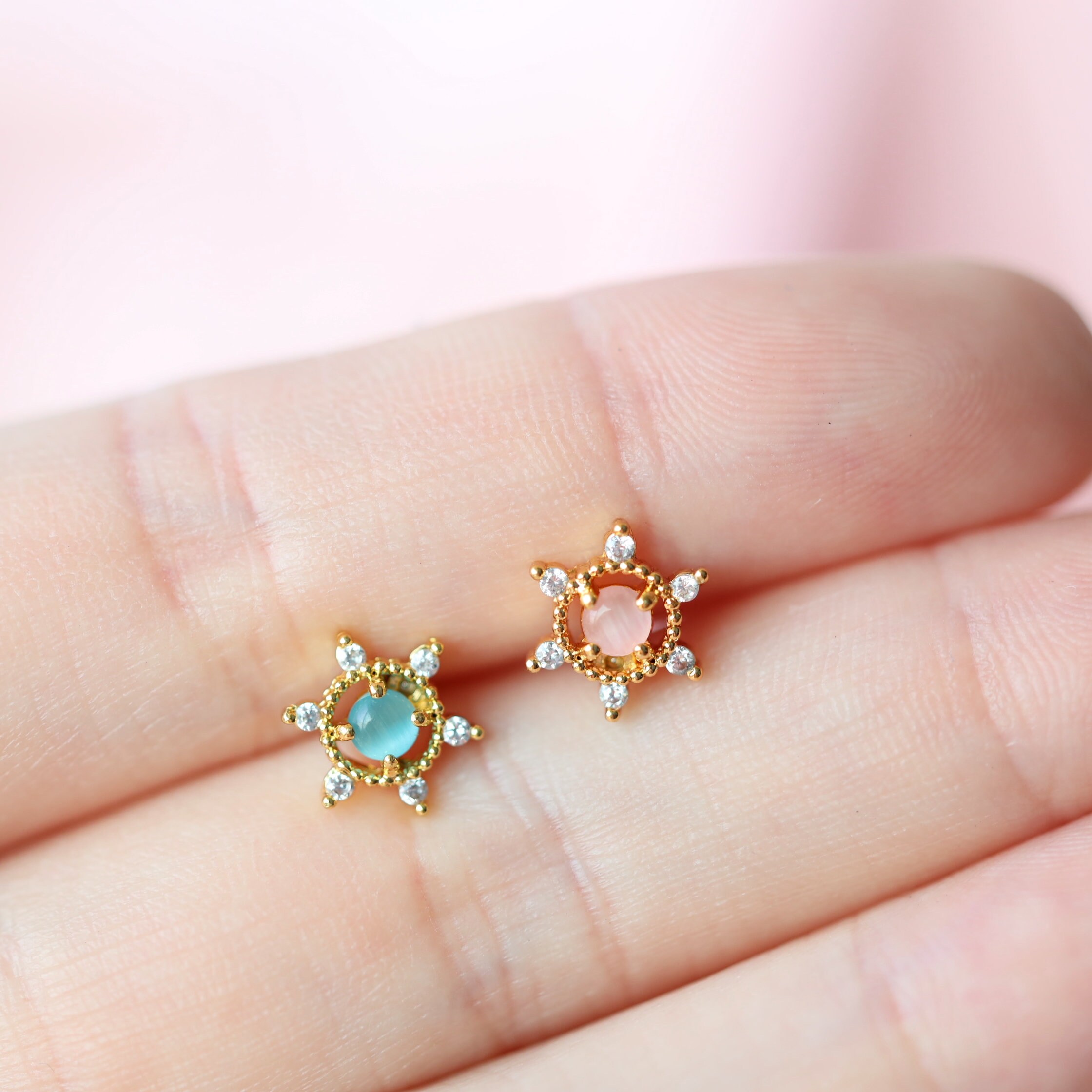 Pink Gem Stud Implanted Grade Gem Stud Blue Stud Miminal - Etsy