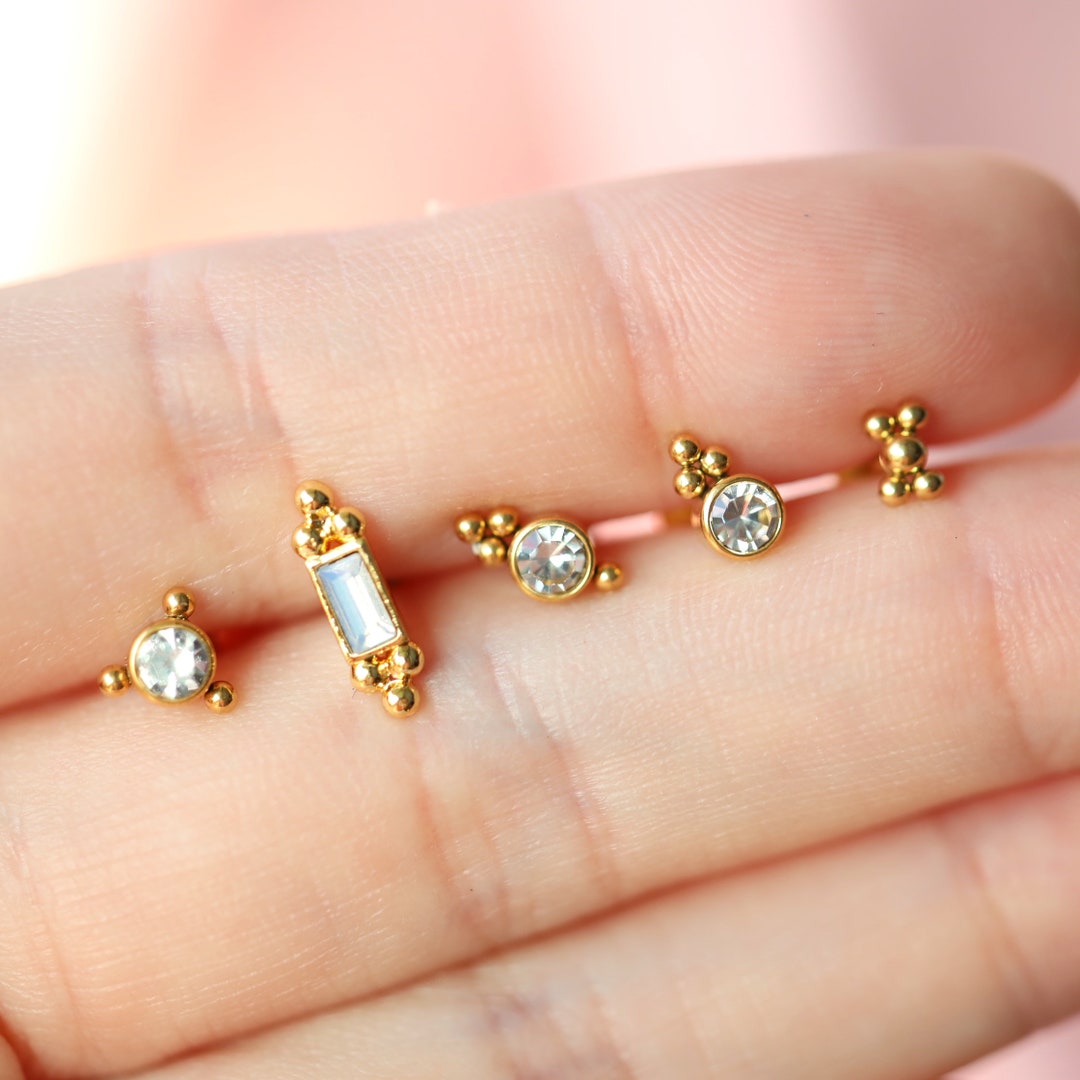 Tiny Diamond Earring Set 18K Gold Tiny CZ Stud Cartilage Earrings ...