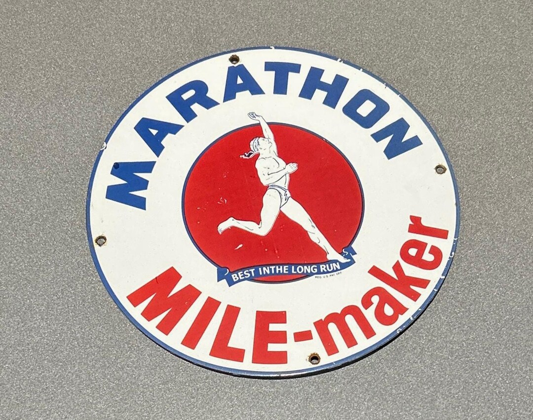 VINTAGE 12” MARATHON GASOLINE Mile Marker Porcelain Sign Gas Oil Car ...
