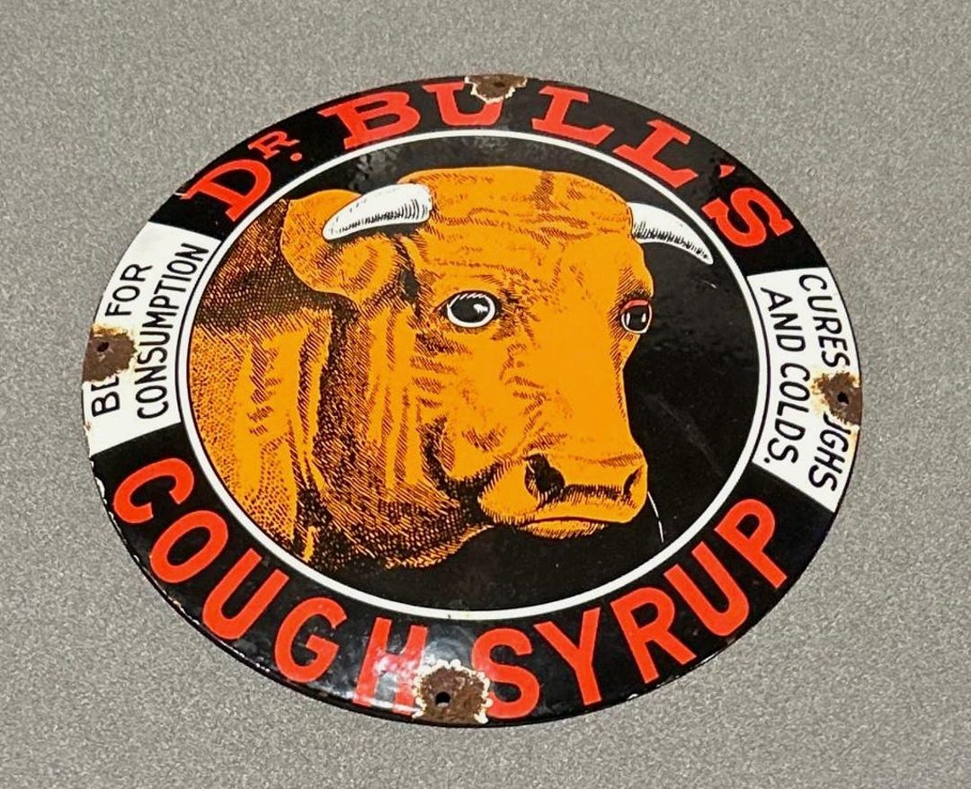 VINTAGE 12” DOMED BULLS Cough Syrup Porcelain Sign Car Gas Oil Auto ...