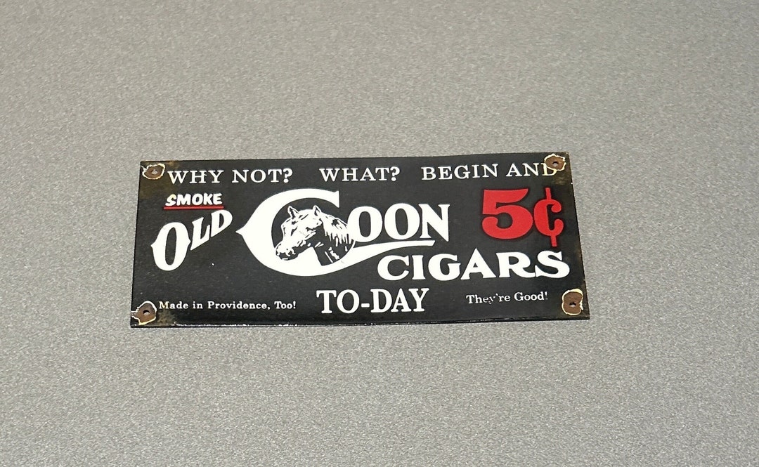 VINTAGE 14” OLD COON Cigars Tobacco Horse Porcelain Sign Car Oil Gas ...