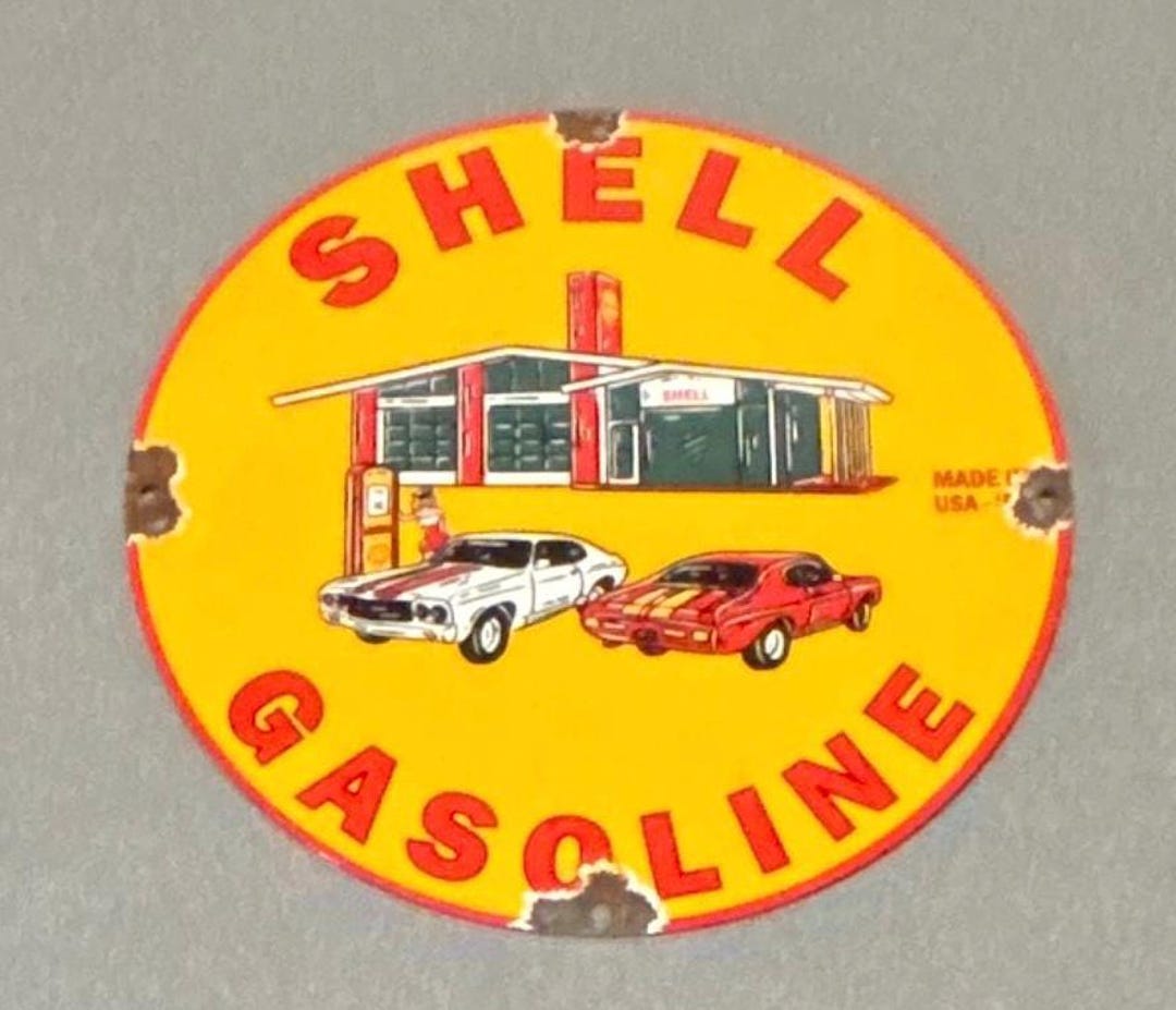 VINTAGE 12” 1954 SHELL GASOLINE Porcelain Sign Car Oil Gas Truck ...