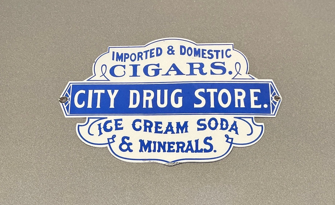 VINTAGE CITY DRUG Store Cigars Tobacco Candy Soda 18” Porcelain Sign ...