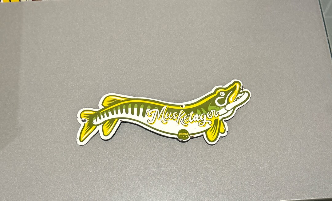 VINTAGE 22” MUSKE LAGER Fish Alcohol Porcelain Sign Car Oil Gas Truck ...