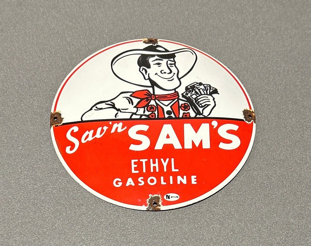 VINTAGE DOMED 12” SAMS Convex Sign Porcelain Gas Badge Gas Oil ...