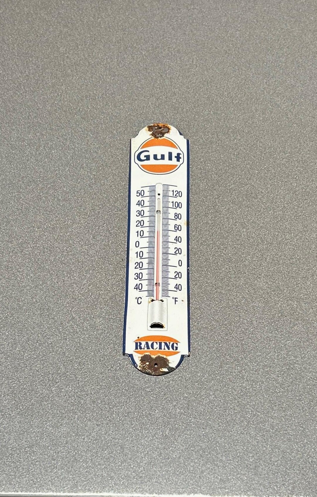 VINTAGE 12” GULF GASOLINE Thermometer Porcelain Sign Car Oil Gas Truck ...