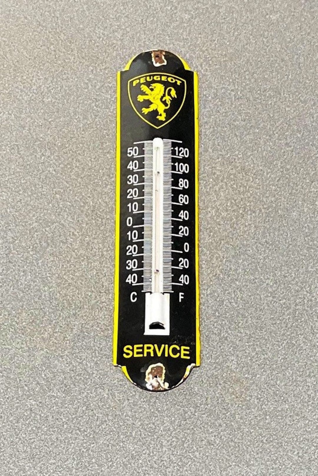 VINTAGE 12” PEUGEOT LION Thermometer Porcelain Sign Car Oil Gas Truck ...