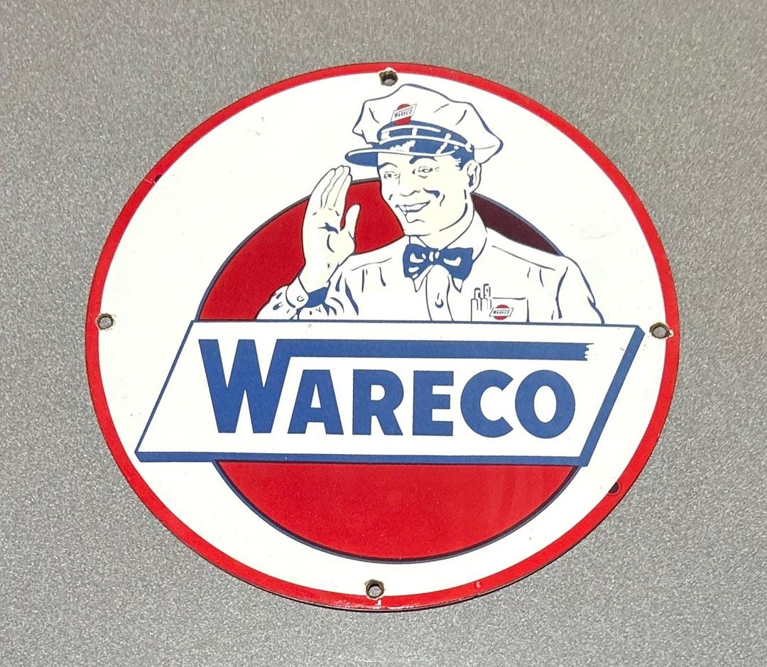 VINTAGE 12” WARECO GASOLINE Porcelain Sign Gas Oil Car Motorcycle Truck ...
