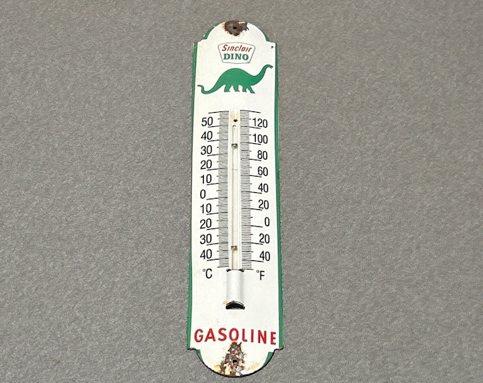 VINTAGE 12” SINCLAIR DINOSAURIER Thermometer Porcelain Sign Car Oil Gas ...