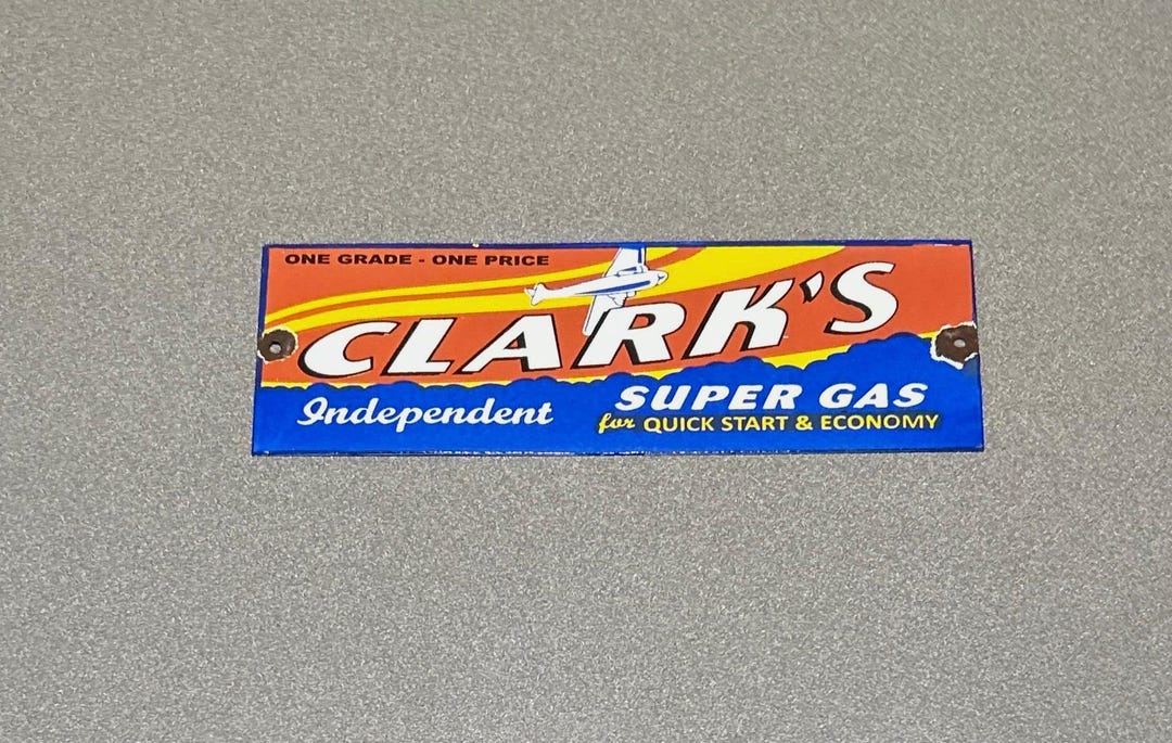 VINTAGE 12” CLARKS AIRCRAFT Airplane Fuel Gasoline Porcelain Sign Car ...