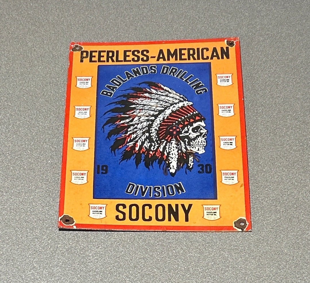 VINTAGE Rare PEERLESS SOCONY 12” Porcelain Sign Gas Oil Indian - Etsy