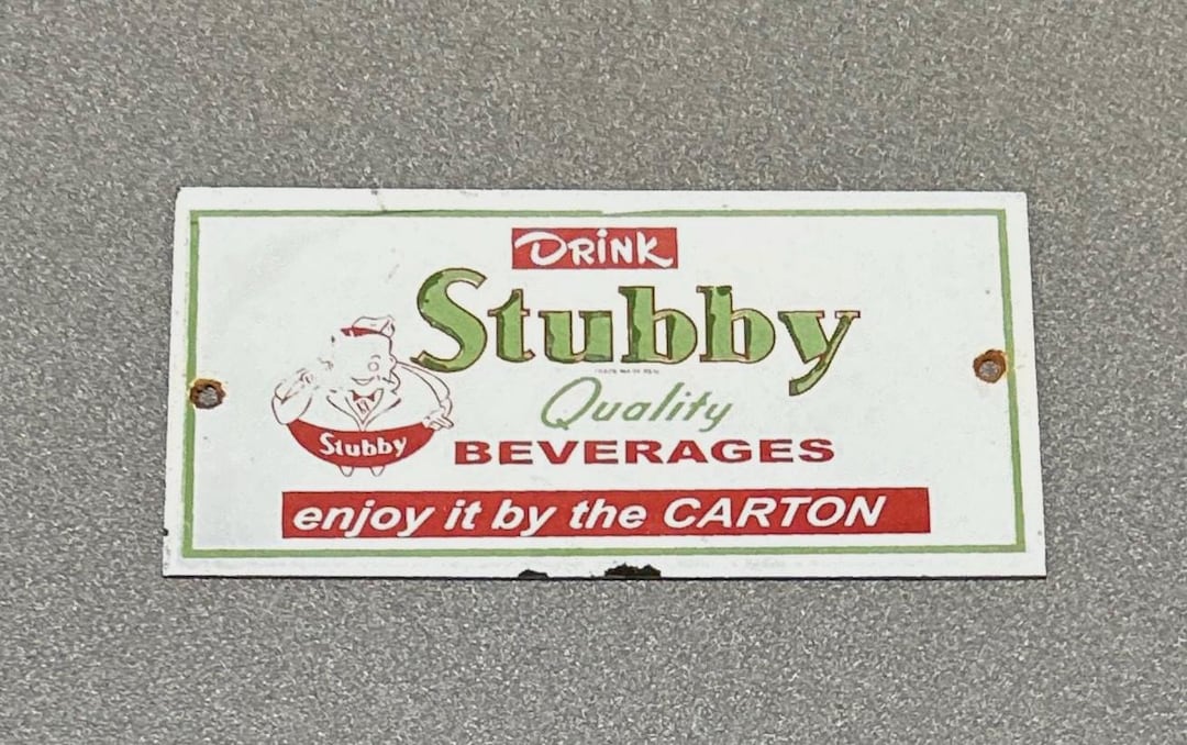 VINTAGE STUBBY BEVERAGES Soda Cola Porcelain Sign Gas Car Truck Oil ...