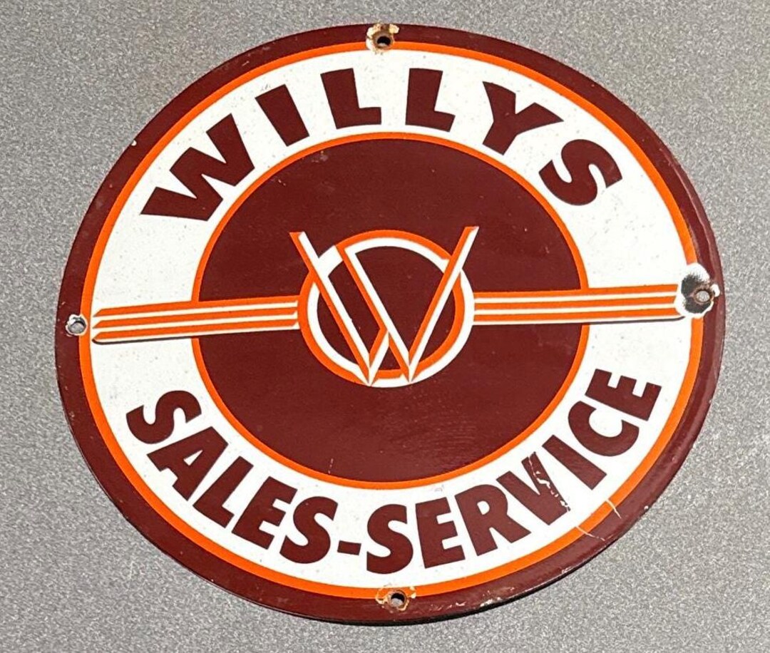VINTAGE 12” WILLYS OVERLAND Jeep Porcelain Sign Gas Oil Car Motorcycle ...